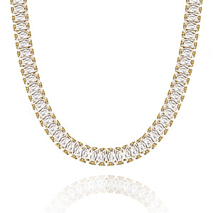 KissYan Gold Tennis Necklace for Women, 14K Gold Plated Cubic Zirconia Baguette Tennis Chain Paperclip Link Cuban Choker Dainty Jewelry Gifts(White)