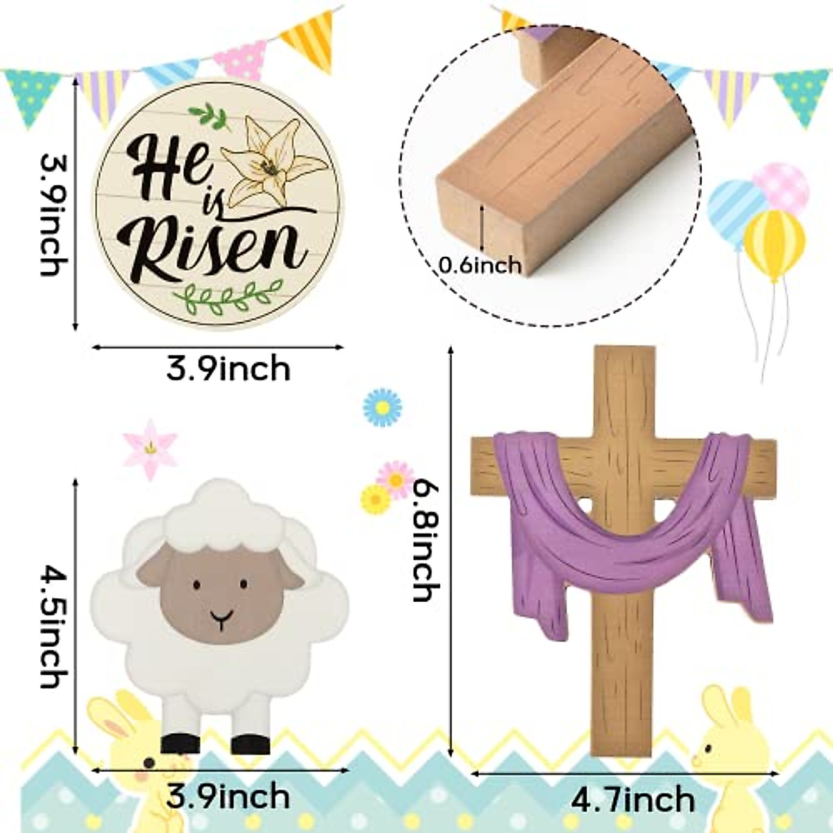 WATINC 3Pcs He is Risen Easter Table Decor Religious Tiered Tray Sign, Jesus Christian Wooden Signs Tabletop Decoration, Double-sided Christ Cross Wood Centerpiece Desk Topper for Easter Spring Party