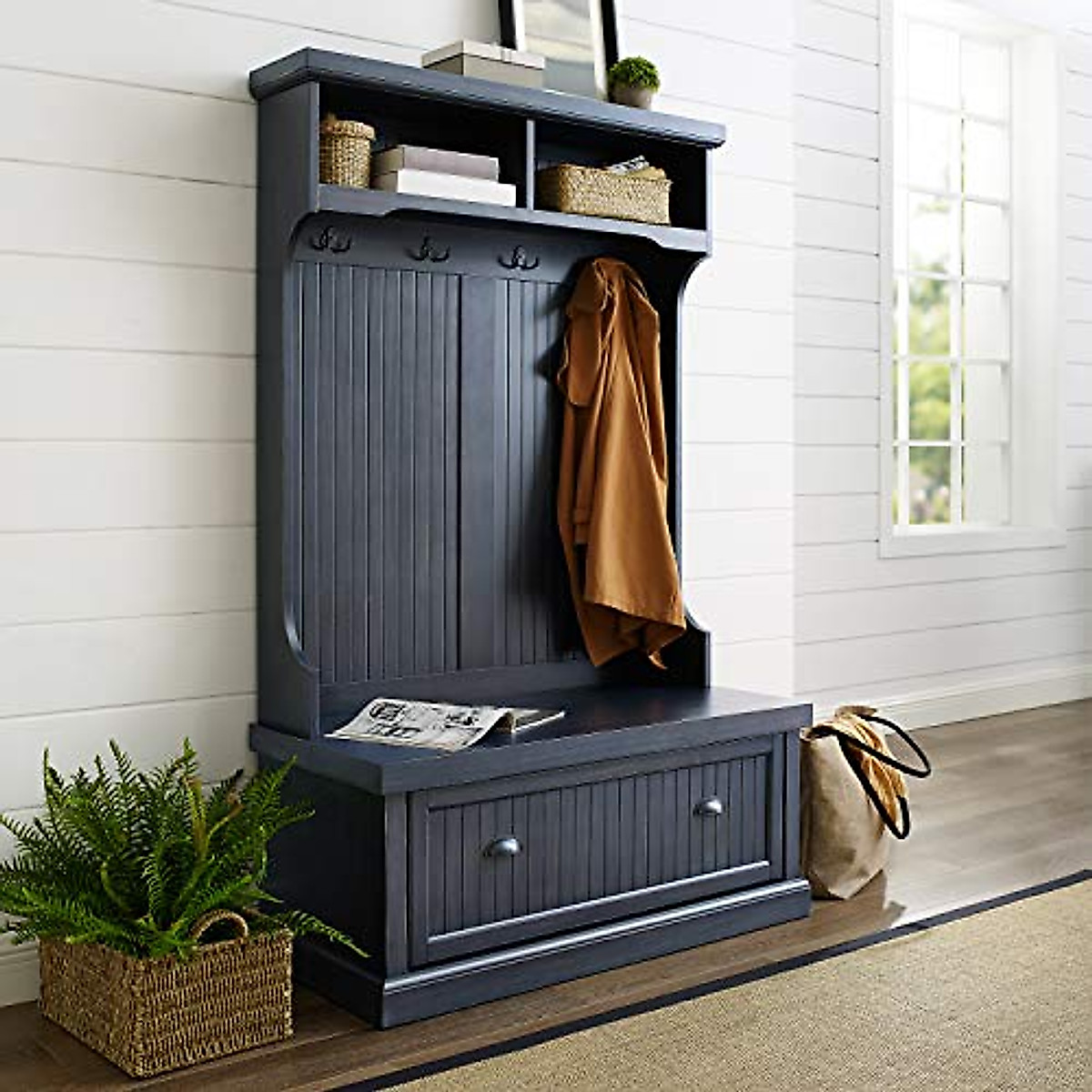 Crosley Furniture Seaside Hall Tree, Entryway Bench with Coat Rack and Shoe Cabinet, Distressed Navy
