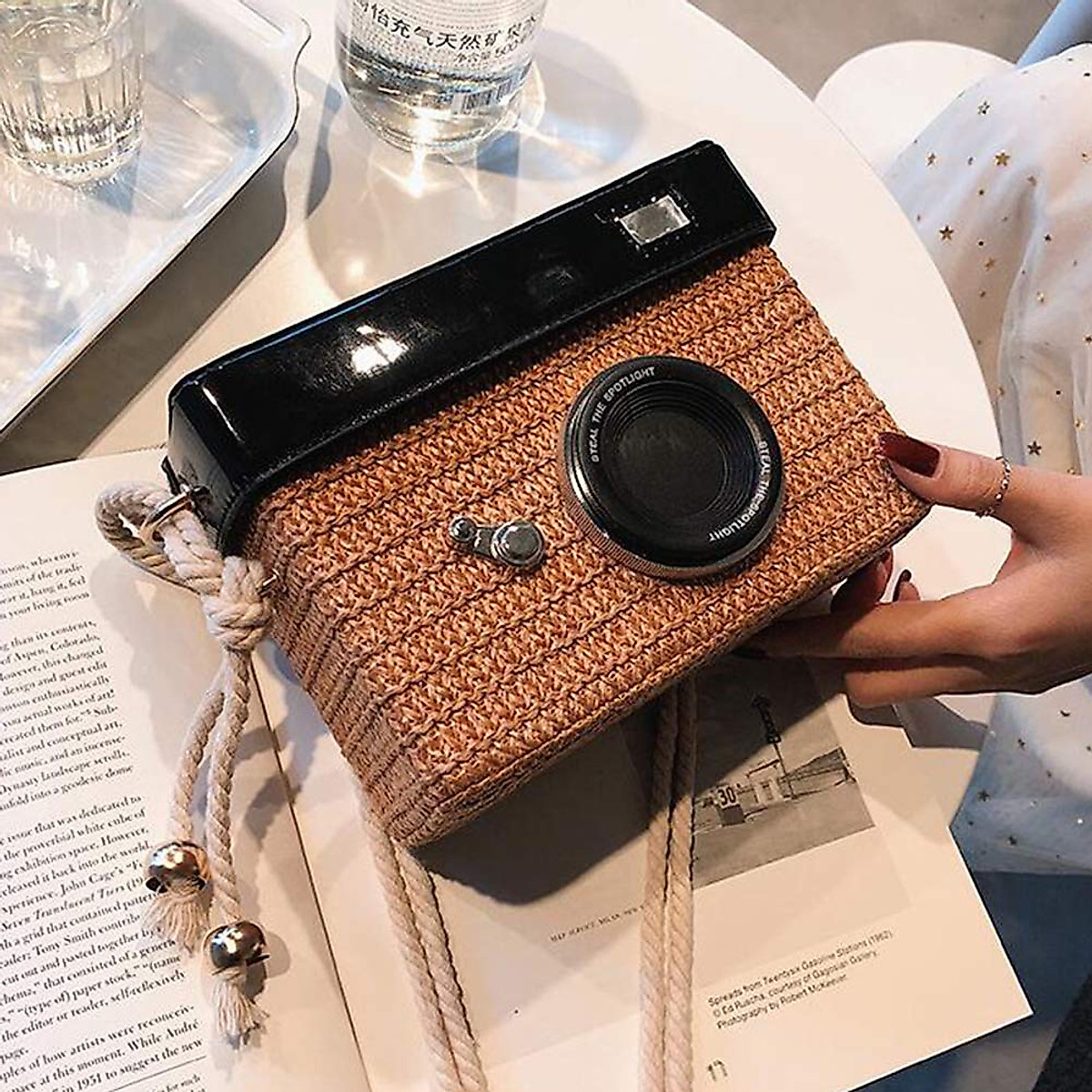 TENDYCOCO Crossbody Bag Camera Shaped Straw Woven Bag Mini Shoulder Bag for Women (Brown)