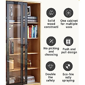 ZIVERDO Solid Wood Book Storage Cabinet, Buffet Storage Cupboard with Clear Doors and Adjustable Shelves, Large Capacity Sideboard Rack with Auto Sensor LED Light