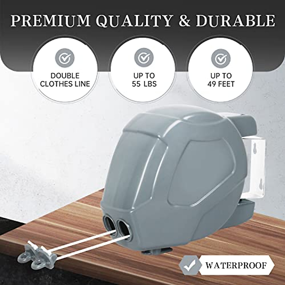 ZOES HOMEWARE Retractable Clothesline Heavy Duty Retracting Clothes Line Outdoor and Indoor with Durable ABS Shell and 2x49 Feet Extruded PVC Line,with Lock to Prevent Sagging Gray