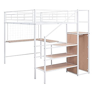 EMKK Full Size Metal Loft Bed with Desk and Metal Grid, Stylish Metal Frame Bed with Lateral Storage Ladder and Wardrobe,Loft Bed for Kids, Teens - Creative Haven for Study and Sleep