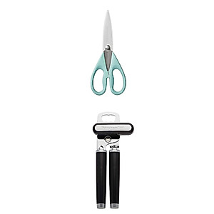 KitchenAid All Purpose Shears with Protective Sheath, 8.72-Inch, Aqua Sky & KitchenAid Classic Multifunction Can Opener/Bottle Opener, 8.34-Inch, Black