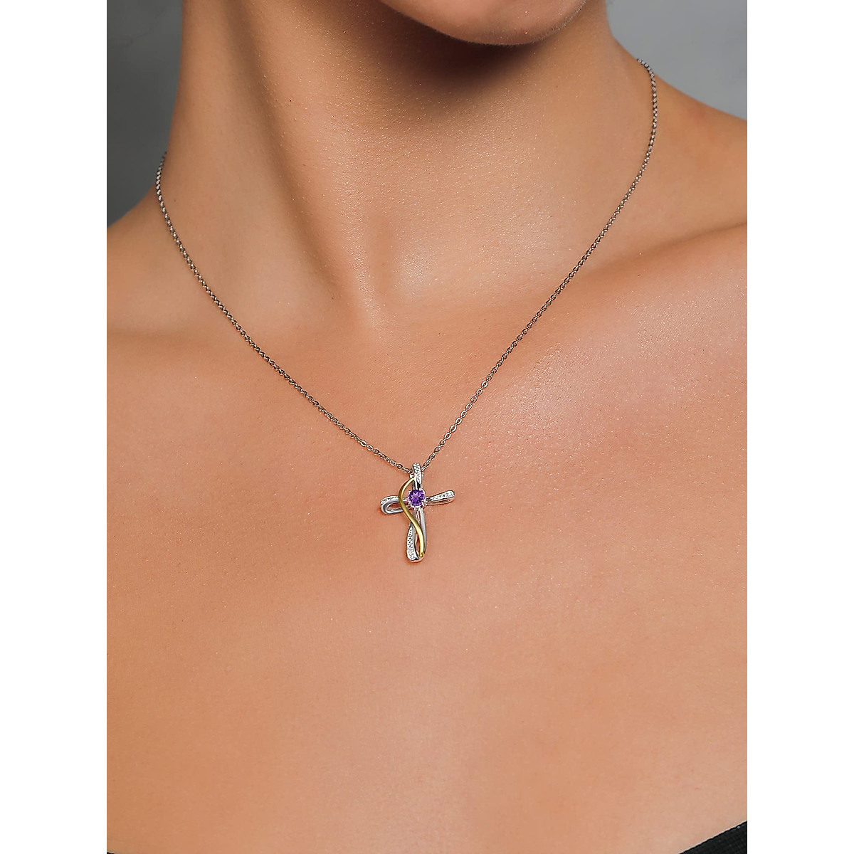 Gem Stone King Infinity Cross Necklace For Women | 925 Sterling Silver and 10K Yellow Gold | Gemstone Birthstone and White Lab Grown Diamond Cross Faith Pendant Necklace | with 18 Inch Chain