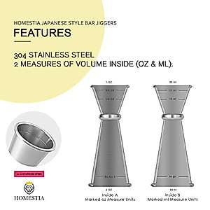 Double Cocktail Jigger with Measurements Inside(OZ&ML) Stainless Steel Bar Measuring Jigger 2 oz 1 oz Bar Tool Shot Japanese Jigger for Bartending by Homestia