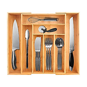 NA Bamboo Drawer Organizer, Expandable Silverware Holder, Cutlery Tray Flatware Organizer, Storage and Dividers for Knives Forks Kitchen Utensils, 6-8 Slots