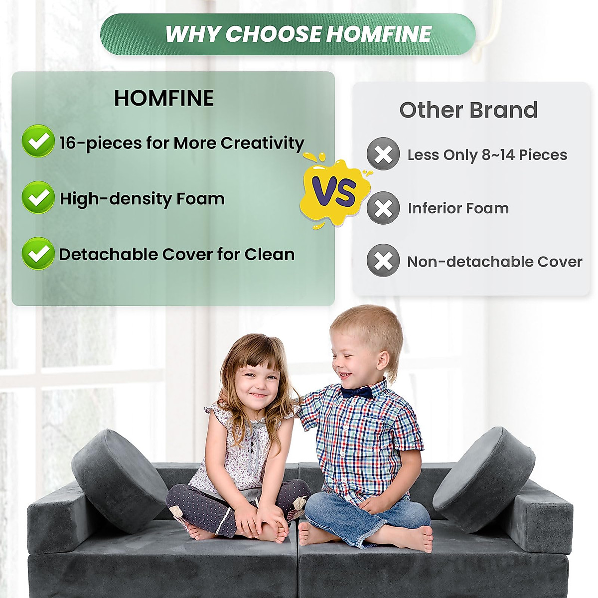 HOMFINE 16pcs Modular Kids Play Couch, Nugget Couch Kids Toddler Couch, Child Sectional Sofa, Versatile Kid Couch for Playroom Bedroom, Convertible Foam and Floor Cushion for Boys and Girls, Dark Grey