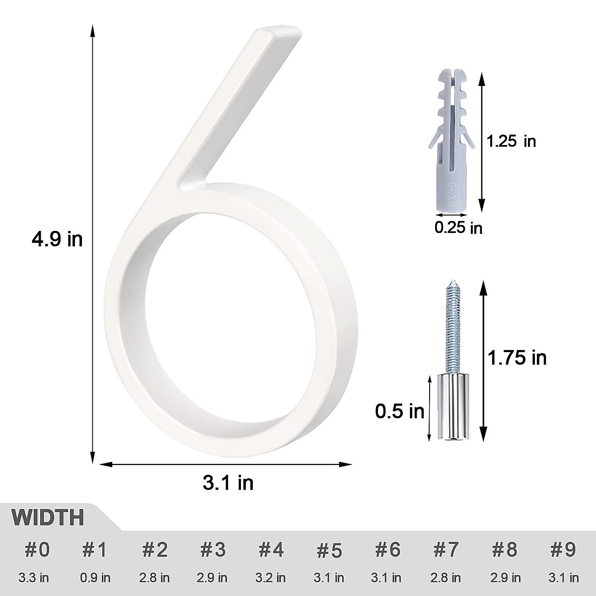 White Mailbox Numbers for Outside - 5 Inch Modern Floating House Numbers for Outside, Creats Attractive Interesting Shadows, High Gloss Number 6