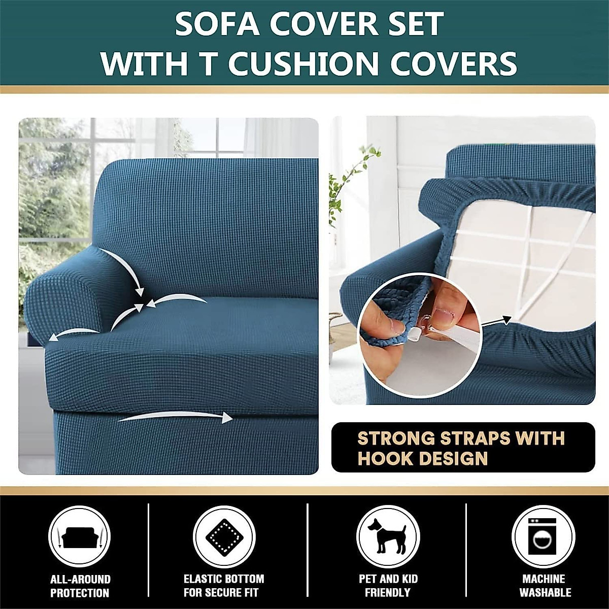 2 Piece/3 Piece/4 Piece Sofa Cover Stretch Couch Cover with 1/2/3 Individual T Cushion Seat Covers Protector Sofa Slipcovers Jacquard Knitted Furniture Cover 1/2/3 Seater ( Color : Blue , Size : 2 Sea