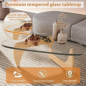 Mid-Century Modern Coffee Table - Triangle Glass Top Natural Wood Base Triangle Coffee Table for Living Room Patio Office Abstract End Tables (Raw wood/Transparent, Small 32.2 * 22.4 * 16in)