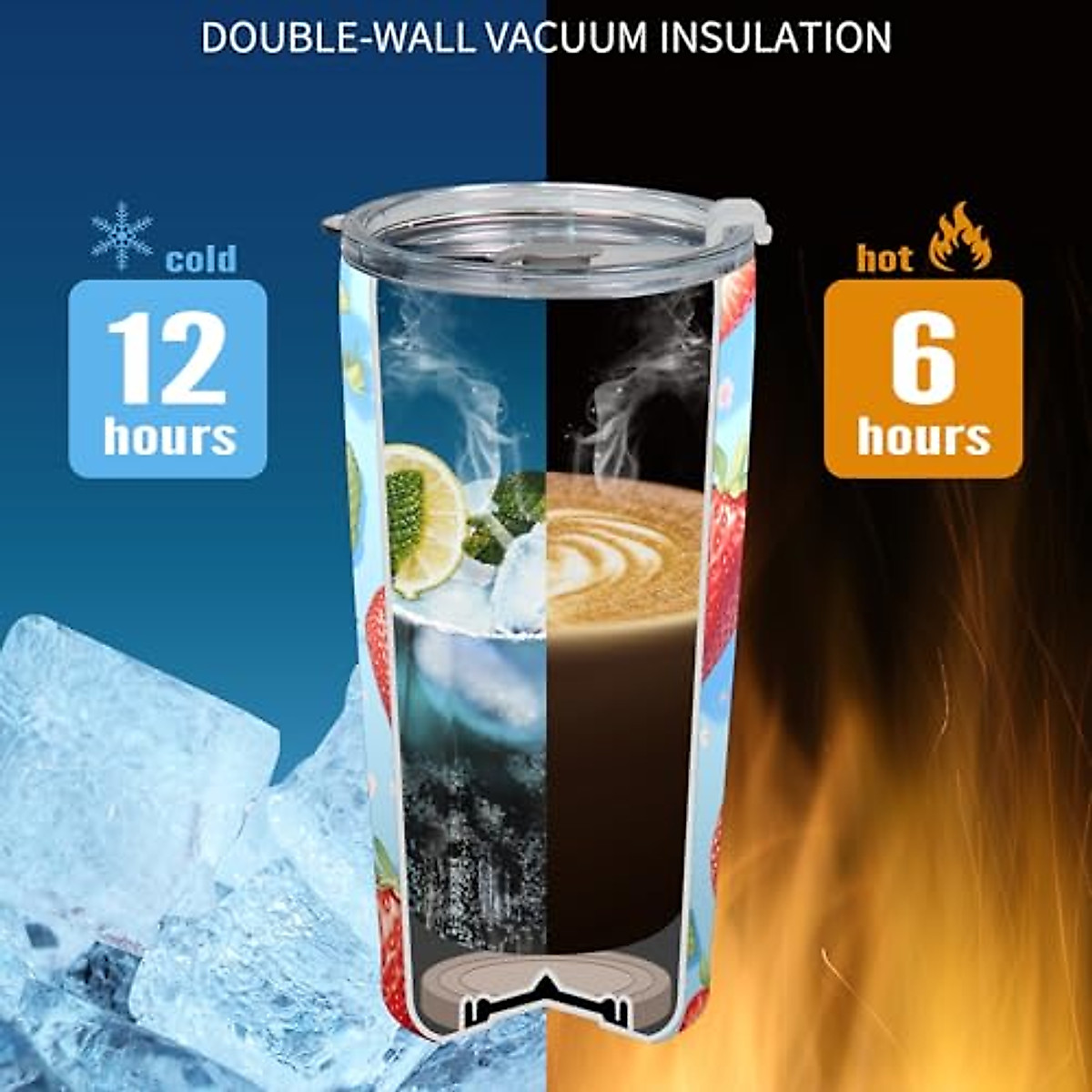 QWEUIOP 20oz Insulated Travel Coffee Mug Fruits Strawberry Pattern Stainless Steel Tumbler with Lid Double Wall Vacuum Coffee Cup For Hot and Cold Drinks14578