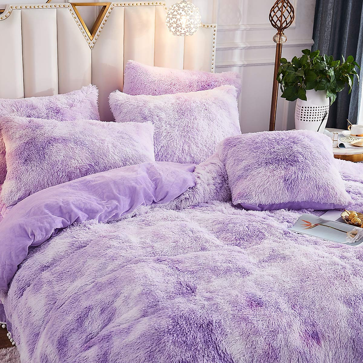 JAUXIO Luxury Abstract Faux Fur Bedding Set Tie Dye Printed Shaggy Duvet Cover with Pillow Shams Soft Crystal Velvet Reverse (Queen, Lilac)