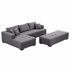 FANYHOME 111'' Tufted Fabric 3-Seat L-Shape Sectional Sofa Couch Set w/Chaise Lounge, Ottoman Coffee Table Bench for Living, Family & Game Rooms (Dark Grey), Light Gre