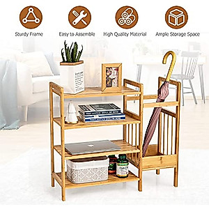 LUARANE 4-Tier Shoe Rack with Umbrella Stand, Free Standing Entryway Organizer with Bamboo Frame, Multifunctional Shoe Shelf for Entryway Hallway Living Room Staircase