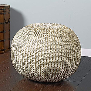 L.R. Resources Fairbanks Bone Knitted Pouf Ottoman, 1'4" x 1'8", Ivory/Gold -, 20" x 20" x 16"