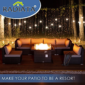 RADIATA PE Wicker Patio Furniture Set Sectional High Back Large Size Sofa Sets with Propane Fire Pit Table 55000 BTU Balcony Rattan Lounge Conversation Sets for Outdoor (7 Pieces,Light Gray)
