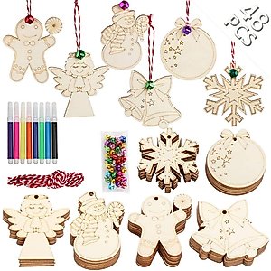 GUDELAK 48PCS Christmas Crafts for Kids, Wooden Christmas Ornaments Unfinished Wood Slices with 6 Styles, DIY Christmas Ornaments Kits for Christmas Tree Holiday Hanging Decorations