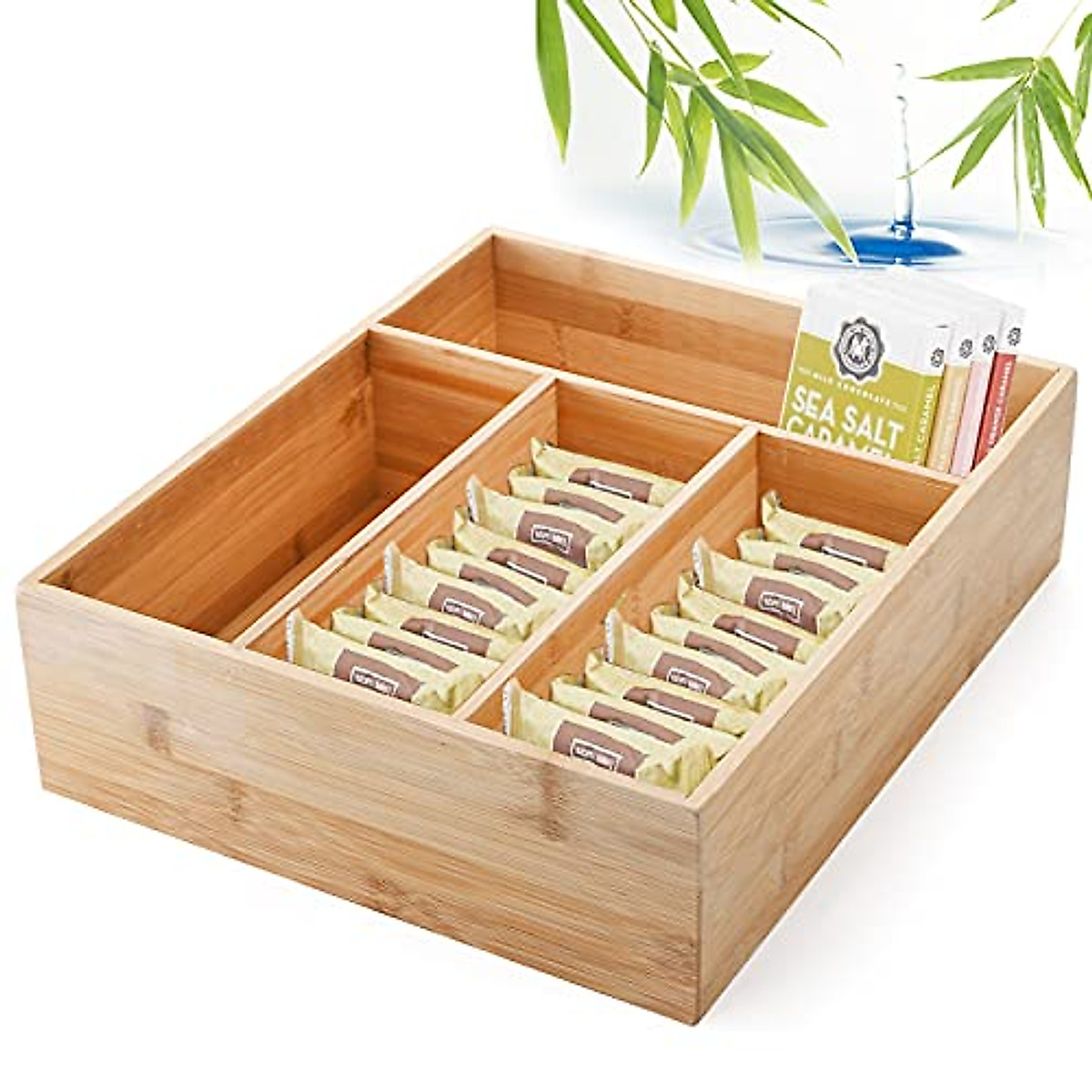 DEAYOU Bamboo Organizer Bin, 100% Bamboo Divided Storage Box, 4-Compartments Cutlery Tray Desktop Holder for Kitchen, Coffee Sugar Tea Bags, Seasoning Spice Packet Pouch, Food, Snack, Shelf, Open Top