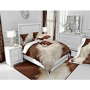 jejeloiu Cowhide Duvet Cover 100% Cotton Queen Size Cow Fur Bedding Cotton Duvet Cover Set Western Farm Animal Skin Brown White Bedspread Cover