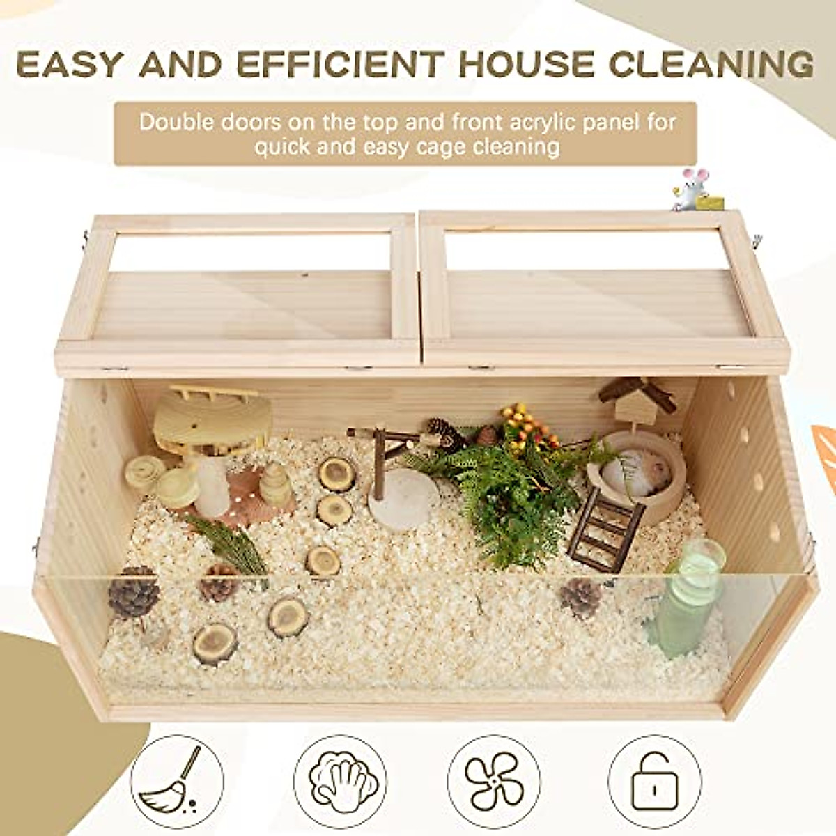 COZIWOW Wooden Hamster Cage, Animal Cabinet for Dwarf Syrian Hamsters Degus, Hamster Habitat with Openable Top and Large Acrylic Sheets, Small Animal Cage for DIY, Wood Color