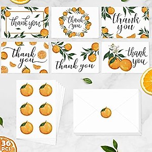 Sinasasspel 36Pack Little Cutie Thank You Cards Assortment with Envelopes Orange Stickers Clementine Theme Party Supplies Little Cutie Baby Shower Gifts 4 x 6 Inches