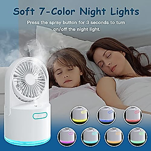 AiTechny Desk Misting Fan with 300ML Large Water Tank Personal Table Fan with 3 Speed Strong Wind Portable Misting Fan with 7 Colorful Nightlights for Home, Outdoor (White)