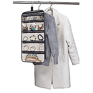 MISSLO Hanging Jewelry Organizer Travel Foldable Jewelry Roll Storage Case with 14 Cotton Zippered Pockets for Traveling, Closet, Suitcase