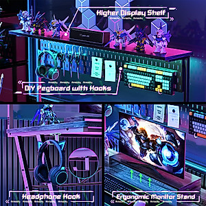 armocity 55'' Gaming Desk with Hutch and LED Lights, Gaming Computer Desk with Storage Shelves & Z-Shaped Legs, Reversible PC Gaming Desk with Pegboard, Ergonomic Desk for Bedroom, Grey Oak