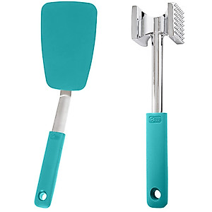 Gorilla Grip Silicone Spatula and Meat Tenderizer, Flexible Silicone Spatula Size 11.6 Inch, BPA Free Heat Resistant, Spiked Side Meat Tenderizer, Both In Turquoise Color, 2 Item Bundle