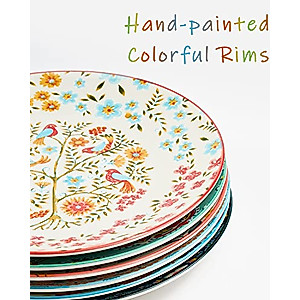 getstar 10.5” Ceramic Dinner Plates with Underglaze Assorted Patterns, Set of 6, Microwave & Dishwasher Safe, Colorful Porcelain Salad Pasta Dinner Plates Set of 6