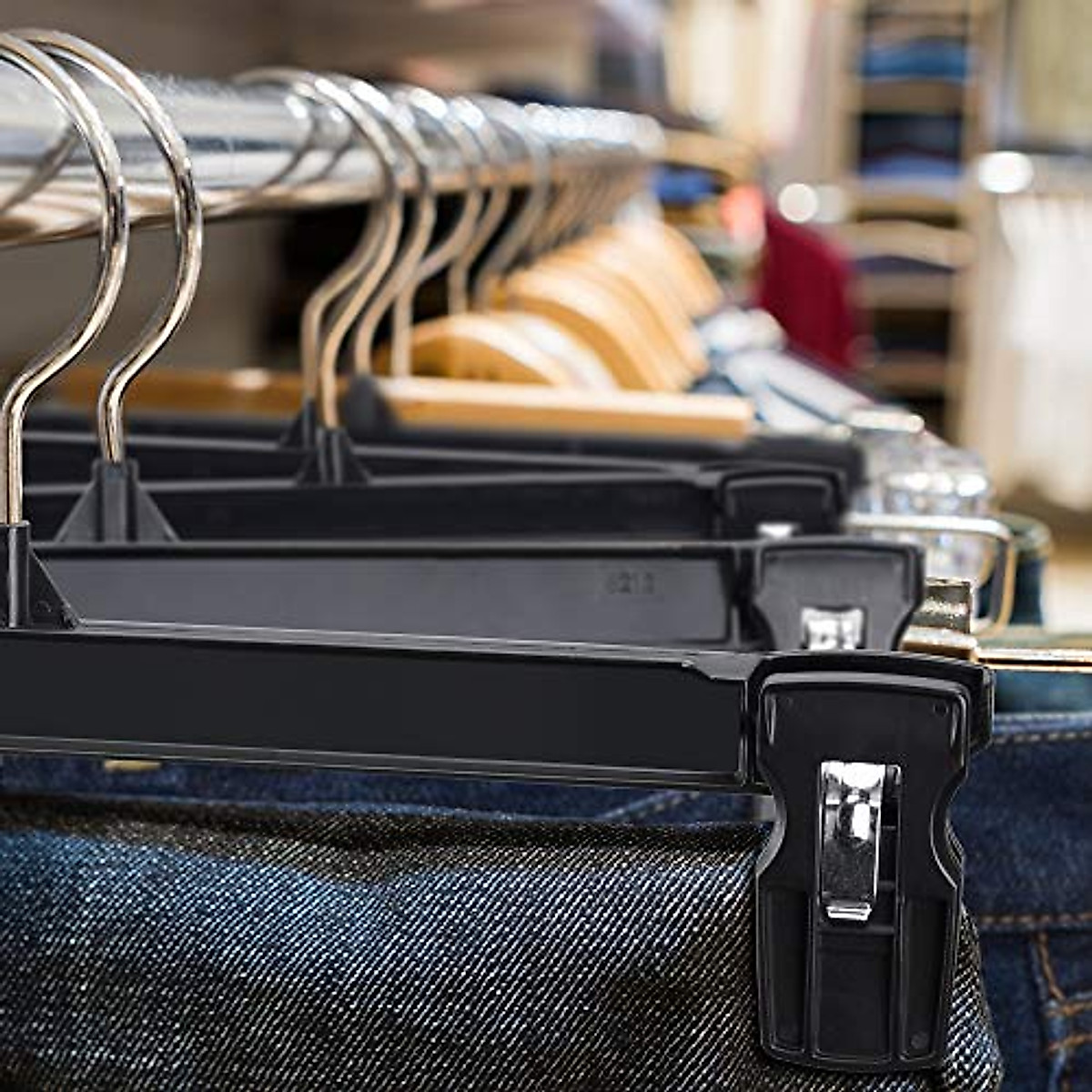 Titan Mall Pants Hangers - 30 Pack, Plastic Skirt Hanger with Non-Slip Big Clips and 360 Rotatable Chrome Hook, Heavy Duty Pants Hangers, Elegant and Economical for Hanging Pants (10 Inch, Black)