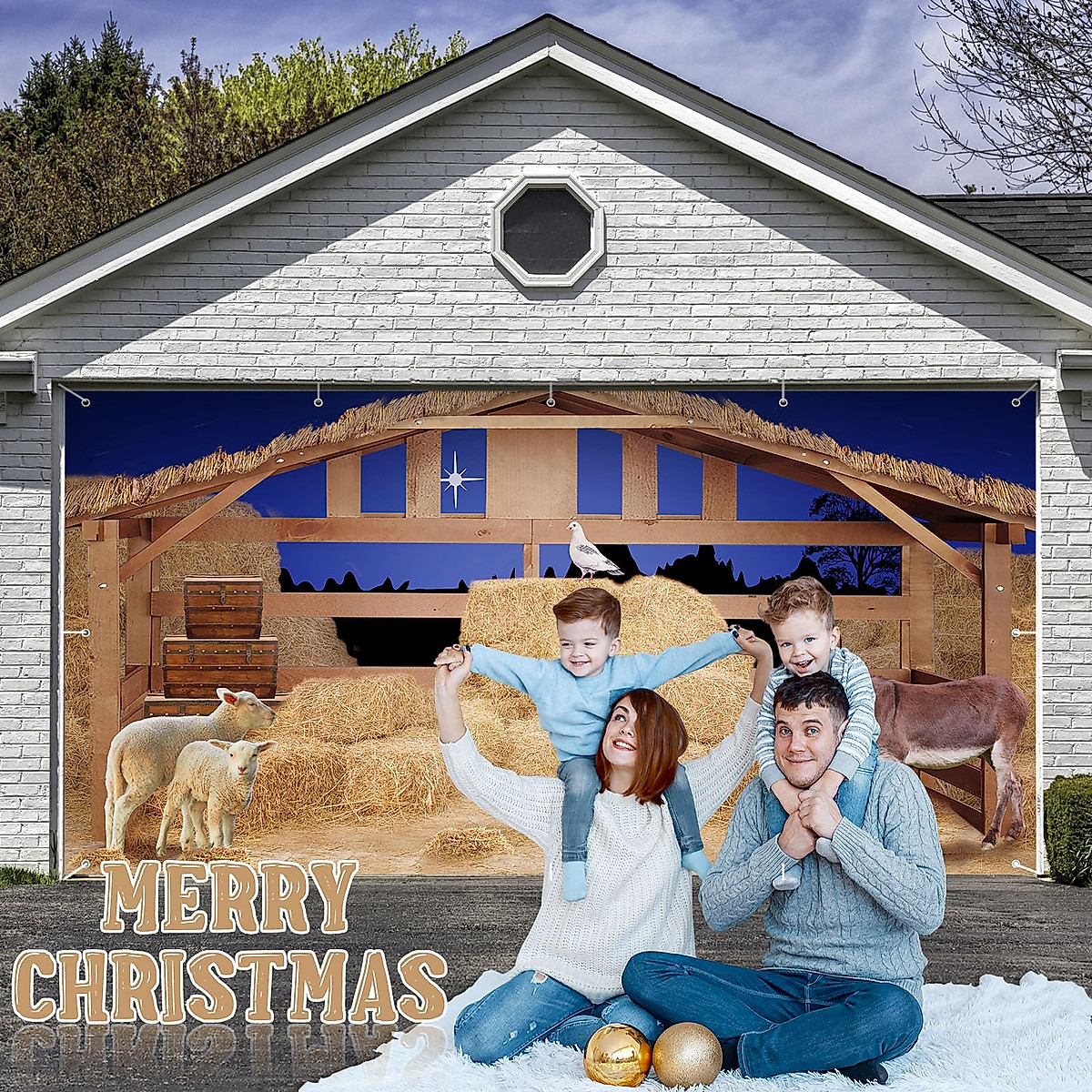 Preboun Christmas Nativity Garage Door Banner Cover Nativity Stable Scene Backdrop Banner Farm Barn Backdrop Christmas Banner Western Photo Backdrop Outdoor Xmas Holiday Winter Party Decor (8 x 16 FT)