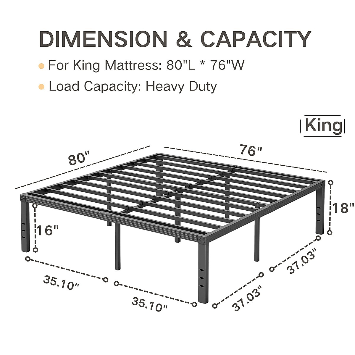 COMASACH 18 Inch Tall Metal Platform King Size Bed Frames with Maximum Storage, Anti-Slip Strengthen Support Mattress Foundation, Noise Free