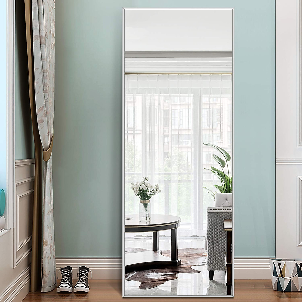 PexFix Full Length Mirror, 65" x 22" Floor Mirror Large Full Body Standing Mirror Dressing Mirror for Bedroom, Slim Metal Frame - Silver, (JJ00372ZZV-USAM009-US)