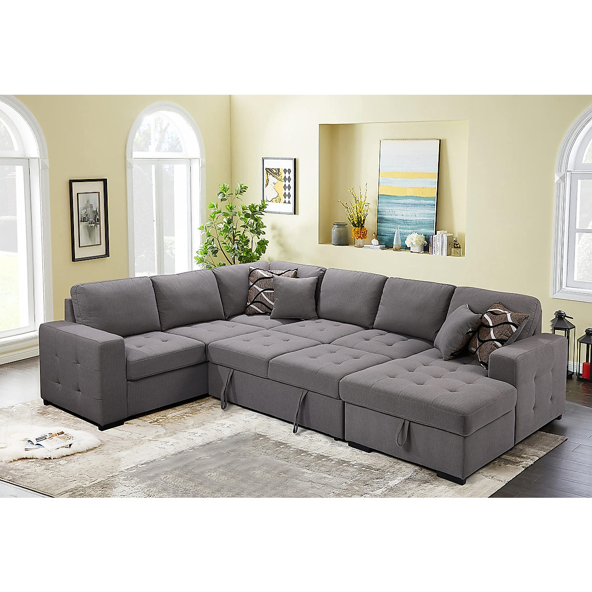 Eafurn U Shaped Sectional Pull Out Bed and Storage Chaise, Oversized Convertible Sleeper Detachable Cushion Back,Comfy Upholstered Sofa & Couch Sofabed for Living Room, Grey 6 Seater 123"