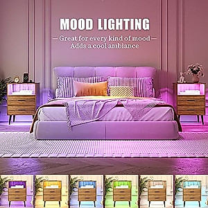 FREDEES Night Stand with Charging Station (Wireless/USB/Type-C) and LED Lights, Smart Side Table, Nightstand Wood with Drawers, Bedside Table for Bedroom Living Room (Brown)