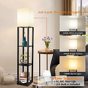 Wishwill Floor Lamp with Shelves, Modern Standing Shelf Lamp with 3 CCT LED Bulb and White Shade for Living Room Bedroom and Office-Black