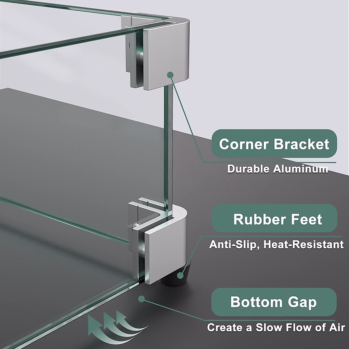 GASPRO 17.5 Inch Square Fire Pit Glass Wind Guard and 10LB Reflective Caribbean Blue Fire Glass