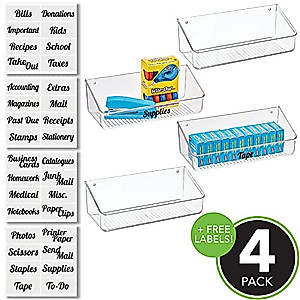 mDesign Wall Mount Storage Organizer Tray Bin - Modern Plastic Wide Hanging Shelf Basket for Walls/Doors in Office - 4 Pack + 32 Adhesive Labels - Clear