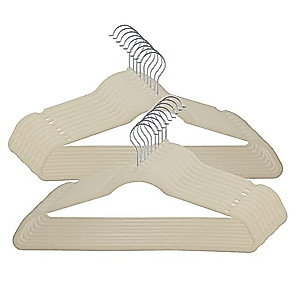 Ivory Velvet Standard Hanger (Pack of 50) with Velvet Hanger Clips Beige(Pack of 6)-Heavyduty No.Slip No.Hanger Marks-Premium Soft Velvet for Hangers and Clips