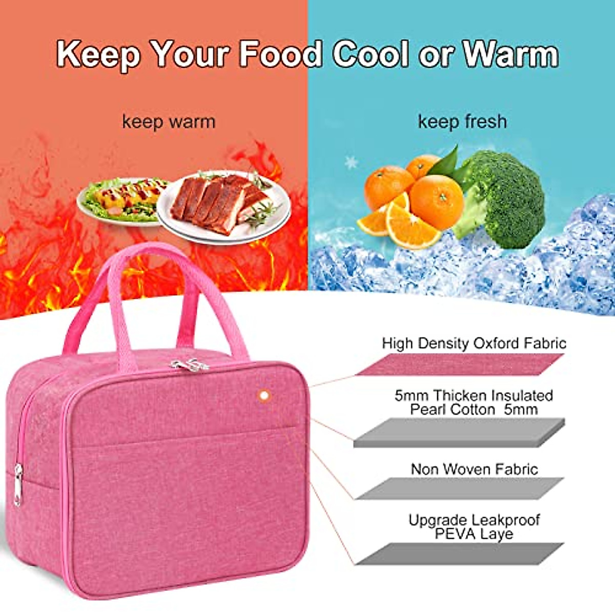 Kincown Insulated Lunch Bag Reusable Cooler Tote for Work, Picnic, Lunch Containers Keeps Food Fresh for Hours, Lunch Tote Lunch Bag with Aluminum Foil for Women & Men-Pink