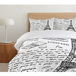 Ambesonne Paris Duvet Cover Set, Traditional Famous Parisian Elements Bonjour Croissan Coffee Eiffel Tower Print, Decorative 3 Piece Bedding Set with 2 Pillow Shams, Queen Size, White Black