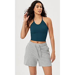 ODODOS Women&#039;s Crop Camisole 3-Pack Washed Seamless Rib-Knit Crop Tank Tops, Long Crop, Beige Coral Teal, Medium/Large