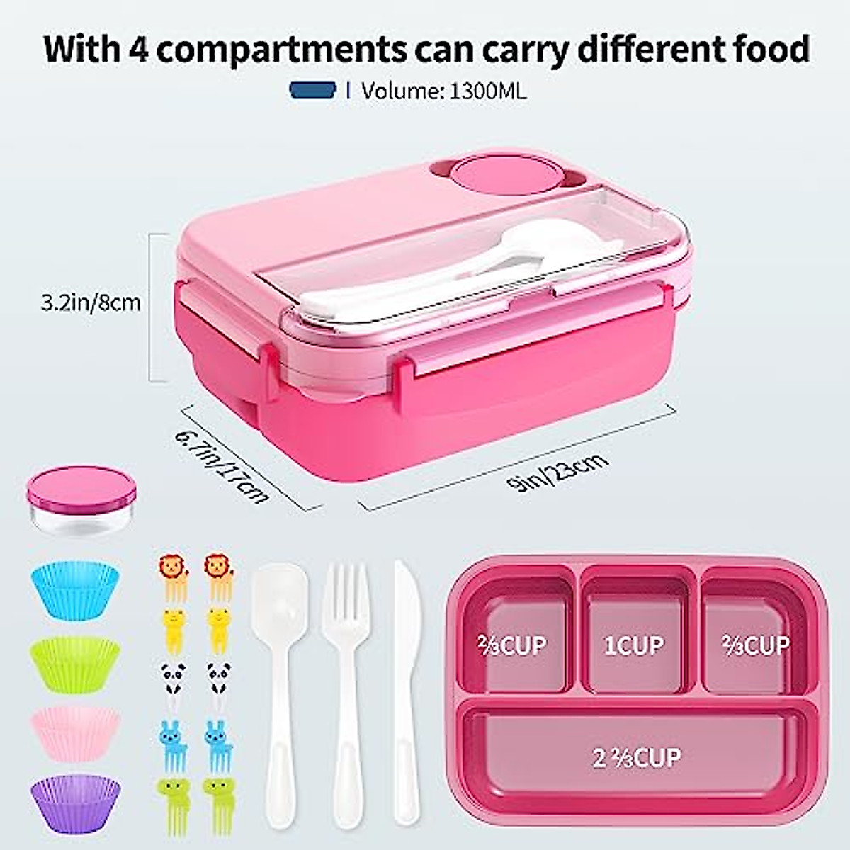 Bento Box, Lunch Box Kids, Bento Lunch Box for Kids/Toddler/Adults, 1300ML-4 Compartment Bento Box Adult Lunch Box w/Food Picks Cake Cups, Built-in Utensil Set, Leak-Proof, Food-Safe Materials(Pink)
