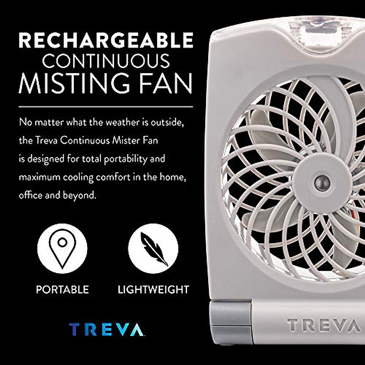 Treva 3-Speed Continuous Mister Fan – 3.5 Inch Personal Misting Fan with Intermittent or Constant Cooling Water Mist Sprayer - USB Rechargeable Battery - Portable for Travel, Camping, Beach, Desk