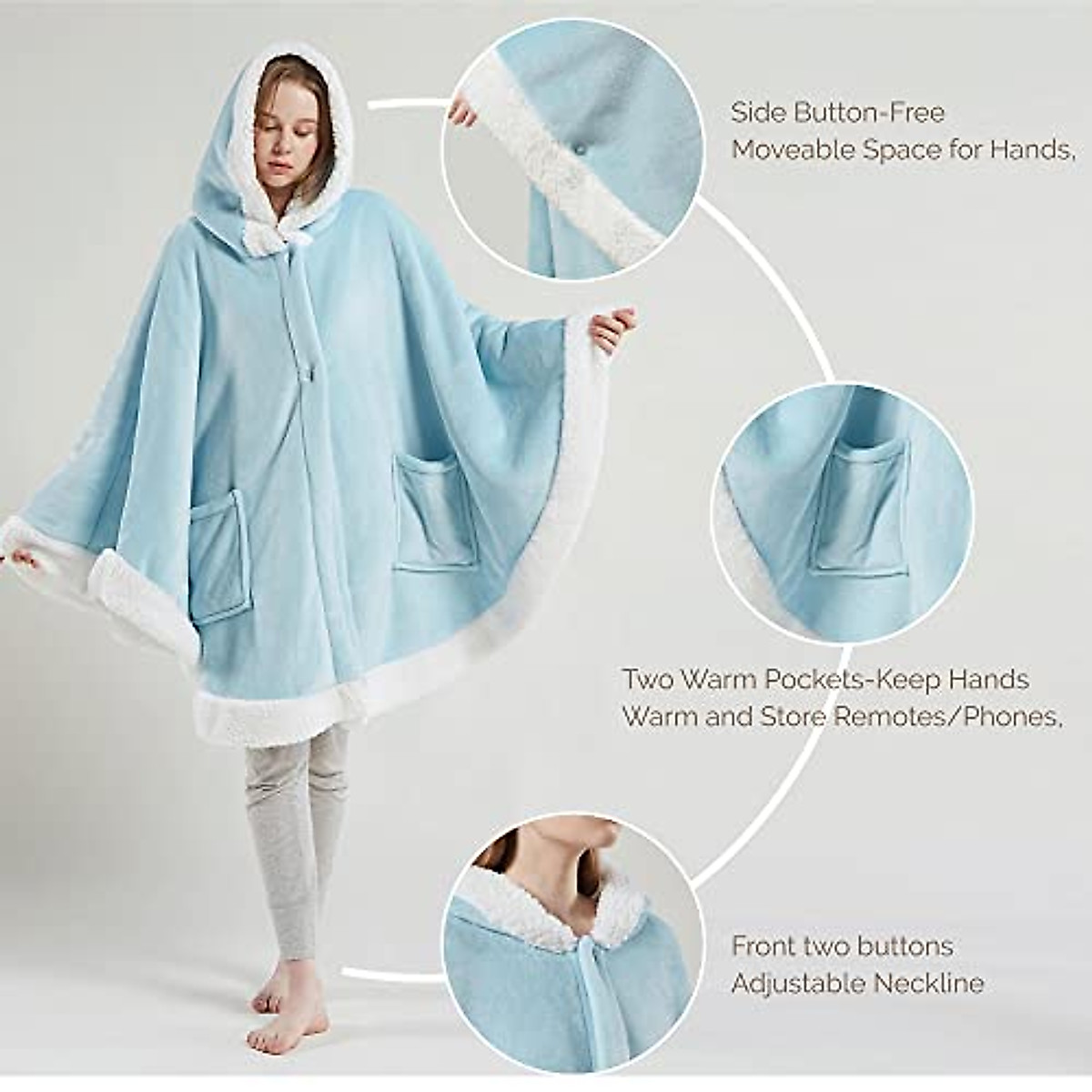 Degrees of Comfort Angel Wrap Wearable Hooded Blanket | Sherpa Lining Poncho Blanket with Hood and Pockets | Soft Plush Fleece Throw Blanket Cape | Cozy Blanket Shawl for Adults/Women Gift, Sky Blue