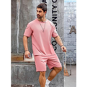 Babioboa Men's Sweatsuit Short Sleeve T Shirt Suit Summer Waffle Tee Short Sets Casual Daily Duty-off 2 pieces(Pink,S)