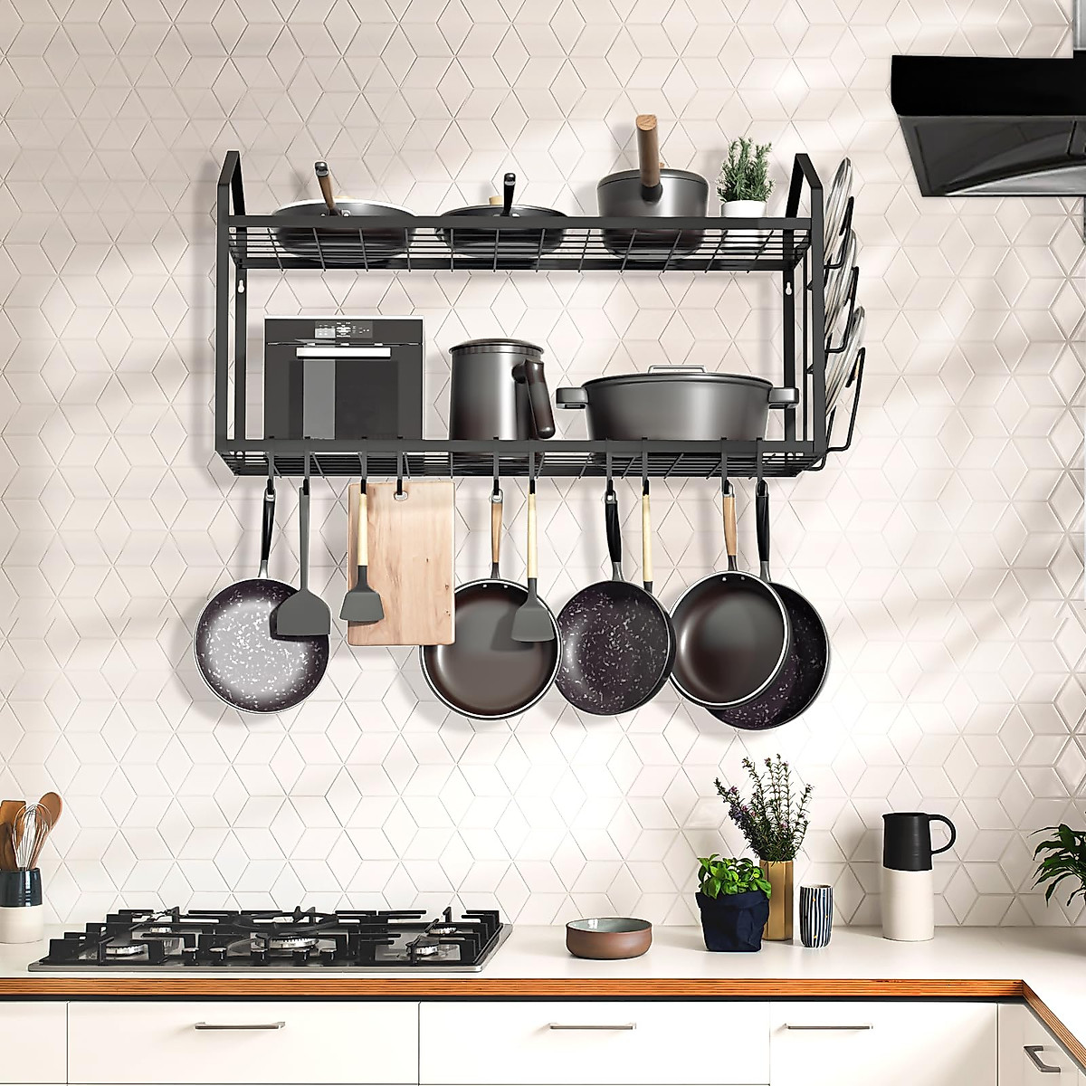 LADER 30Inch Wall Mounted Pot Rack, 2 Tiers Pots and Pans Organizer for Kitchen Organization & Storage, Large Size Black Hanging Pot rack, Wall Shelf with 5 connect Hooks