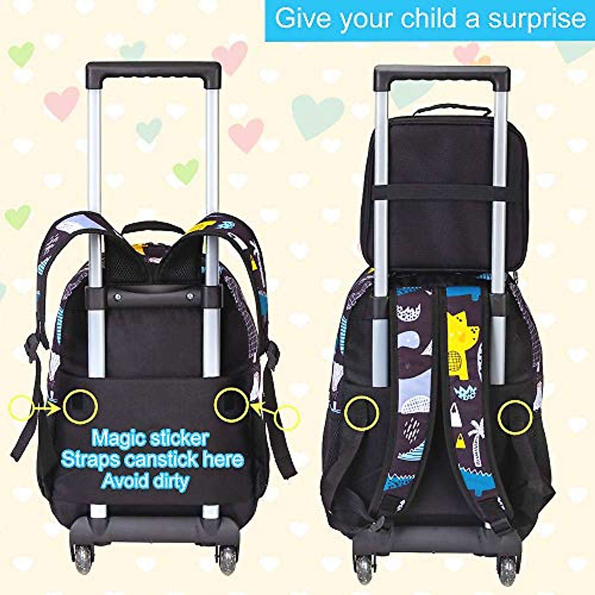 3PCS Kids Rolling Backpack, Boys Roller Wheels Bookbag, Wheeled School Bag with Lunch Bag - Dinosaur